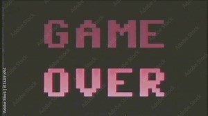 A fake VHS screen showing the text Game over - Time out. 8 bit retro style.