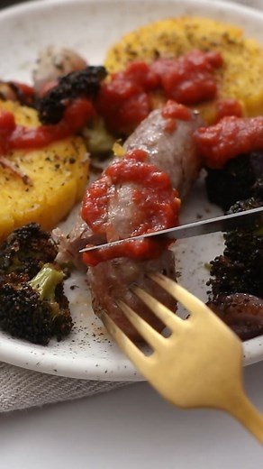 Recipe: https://www.rachelcooks.com/sheet-pan-italian-sausage-polenta/ You'll only need one pan to make this easy dinner. | Rachel Cooks