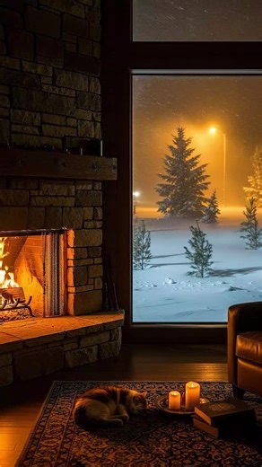 Ambiance Home Tv on Instagram: "Fire. Cat. Snow. 🔥🐾❄️ ⠀ ⠀ ⠀ ⠀ Amber flames dance in the stone hearth while a light-colored cat slumbers by the window, an open book and flickering candles nearby. Outside, the night deepens under a gentle snowfall, turning this quiet room into a soft, glowing haven. Perfect for reading, gentle focus, or simply unwinding. ⠀ Original scene created by ambiancehometv ✨ This is the original visual. Accept no imitations. ⠀ #ambiancehometv #originalambience #relaxingho