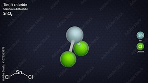 Tin(II) Chloride or stannous chloride. Animated 3D model of a molecule. Molecular formula: SnCl2. Chemical model: Ball and sticks. Dark background. 3D rendering. Seamless loop.