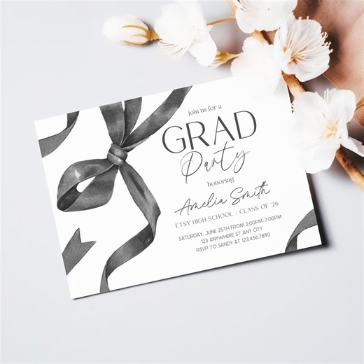 Black Bow Graduation Invitation Card | Girl Graduation Announcement Template | Minimalist Graduation Party Invite Card | Class of 2026 - Etsy Australia