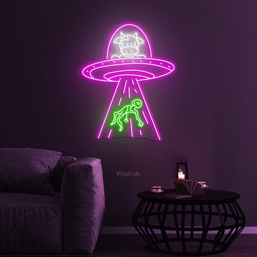 UFO Abducting Cow LED Neon Sign, Alien Art, Kids Room Decor - Etsy
