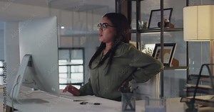Back pain, computer and businesswoman for working in office, spine problem and muscle stiffness by desk. Accountant, desktop and typing with glasses, reflection and inflammation and injury at company