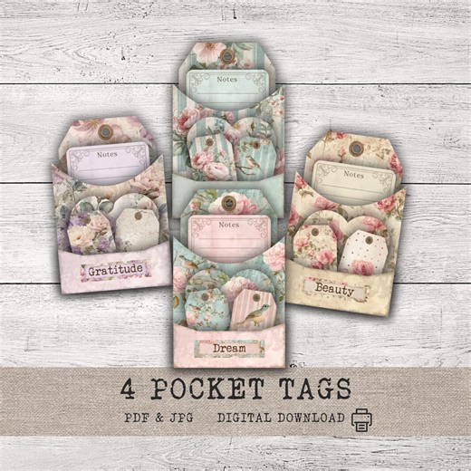 Junk Journal Tag Pockets, Floral Junk Journal Ephemera | Printable Page Insert Tags, Digital Download - Etsy