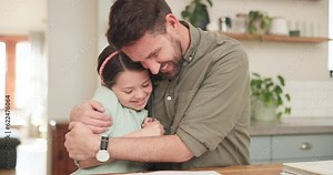 Child, homework and dad hug from student education help in notebook with knowledge development. Paper, study and father support at a table with home school parent care for learning in a kitchen