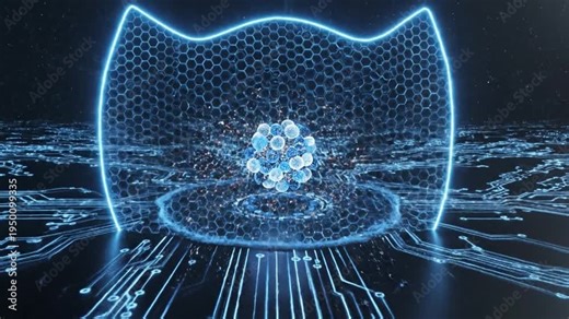 Digital Shield: Conceptual visualization of digital protection, where an intricately designed shield encompasses a central atom structure.