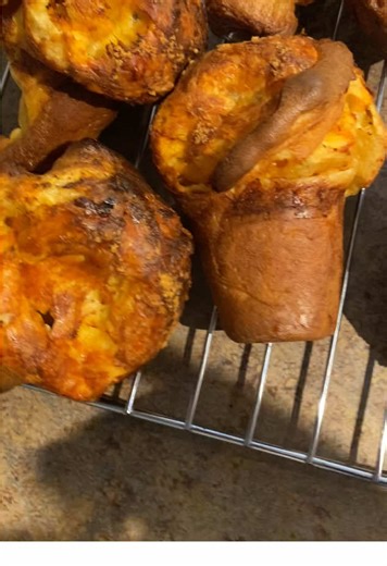 #popovers #yorkshirepudding #dutchbaby #Baking Pop overs Temperature matters!! Eggs and milk should be at room temperature or slightly warmed. Never cold!!!! 1 1/2cup milk (warm) 1 1/4 cup flour 3 room temperature eggs 1 teaspoon of salt high heat oil for pan/tin Topping Shredded sharp cheddar Garlic herb butter Pre heat oven with oiled pan on 450 for 10-15 minutes. Pour batter in pan after heated. Turn oven down to 360°-375° for 25-35 mins depending on the temperature you use. DONT OPEN OVEN un