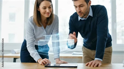 Man and woman architects discussing virtual building model on tablet. Digital construction analysis and architectural design work