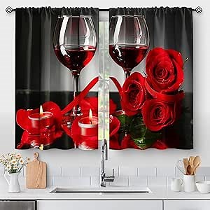 Wine Glass Red Rose Kitchen Curtains - Country Retro Romantic Flowers Rustic Short Cafe Tier Curtains Decor for Dining Room Valentine Floral Farmhouse Rod Pocket Window Drapes 2 Panels Set 28"x36"