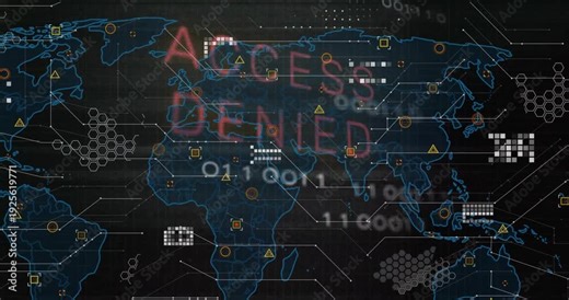 On detecting intrusion signal, world map and ACCESS DENIED text animating, nodes pulsing, warning