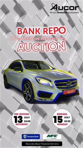 Hop in the Driver's Seat at our Bank Repo Vehicles Auction- Get M.Benz ML350, Hyunda H-1, Mazda 3, Toyota & more. Bidding starts on Mon, 15 July from 10:30. Pre-Bidding is available from Sat 13 July at 10:00. Reg & Bid | https://bit.ly/4eNNcrc. #Aucor | Aucor Auctioneers