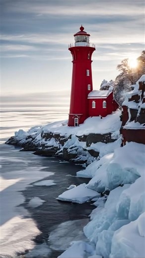 Red Lighthouse on a Snowy Coast | Lighthouse Love