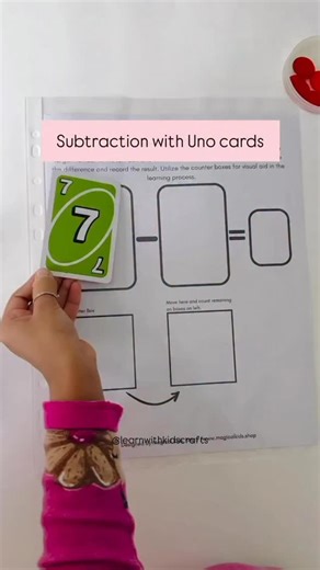 Try this hands-on subtraction activity: Flip two Uno cards, subtract the smaller number from the larger one, and use counters for a visual aid. A great way to make math interactive and engaging! Follow @learnwithkidscrafts for more ideas #learninglooms #homeschoolmom #handsonlearning #kindergarten #learningathome #simplelearning #unogame #kidsactivities #earlymath | Learn with Kids Crafts