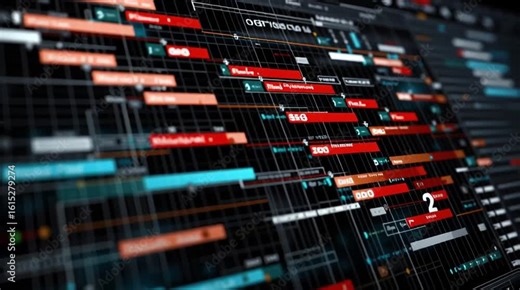 MRP. Material Requirements Planning. A digital interface displays the term MRP with complex scheduling and planning charts on a futuristic screen.