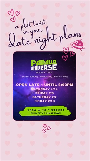 Parallel Universe Bookstore on Instagram: "The best nights include a plot twist. 📖 🍽️ 🥂 Visit Parallel Universe Books as we stay open late for your date night. Open until 8:00 pm the following evenings: Saturday 1/31 Friday 2/6 Saturday 2/7 Friday 2/13 #paralleluniversebookstore #datenight #cleveland #ohiocity"