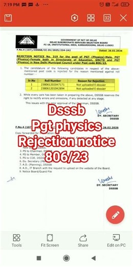 dsssb pgt physics female rejection notice