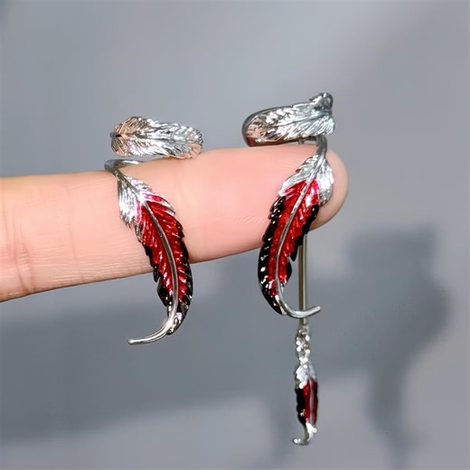 Gothic Red & Silver Feather Ear Cuff, Left Right or Pair, Asymmetric Dangle Tassel Clip, No Piercing Gothic Wing, Alt Aesthetic Jewelry - Etsy