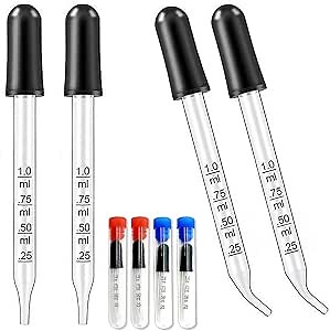 Glass Eye Dropper with Measurement 4 Pack 1 mL-Bent & Straight Tip Calibrated Glass Medicine Droppers, Accurate Dose Pipette Dropper comes with individual shatter-proof packaging-v2