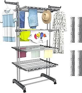 5 Tier Clothes Drying Rack Oversized, Foldable& Adjustable Height Rolling Clothes Rack Stainless Steel with 4 Castor, 32 Drying Poles,14 Hook& 4 Sock Clippers, Drying Rack Clothing for Indoor& Outdoor