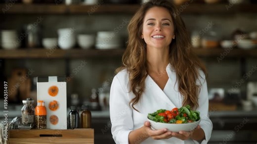 Smiling woman in white robe presents fresh salad bowl in modern kitchen then leans toward camera