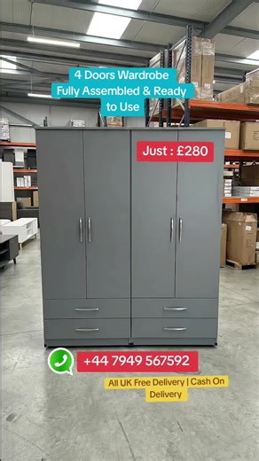 *🛋️ 4 Doors Wardrobe – Fully Assembled & Ready to Use 🛋️* Spacious storage with a sleek design — no fitting needed! Ideal for master bedrooms or shared spaces. ✔️ Hanging rails top shelves ✔️ Strong build with modern finish ✔️ Colours: White, Black, Grey, Oak, Walnut ✔️ Free UK Delivery #WardrobeGoals #FullyAssembledFurniture #BedroomInspo #StorageSolutions #furnitureuk