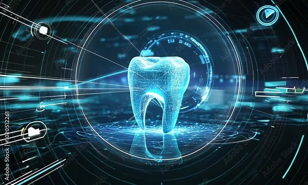 3D holographic tooth model with digital elements and data visualization.
