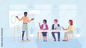 Animated presentation illustration. Man with implant prosthesis at meeting. Inclusion in workplace. Looped flat color 2D cartoon characters animation video in HD with office on transparent background