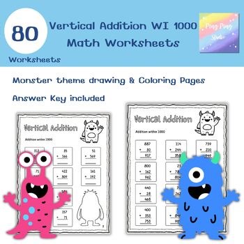 Vertical Addition Within 1000 Worksheets | Monster Math Coloring Pages