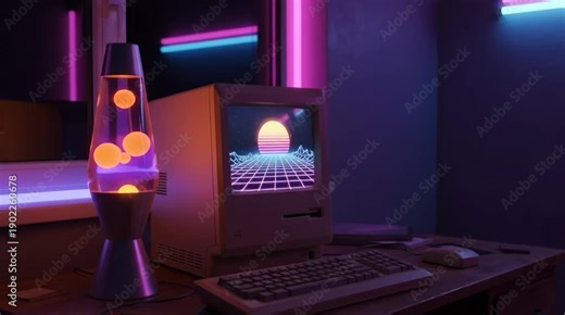 Retrowave synthwave computer setup with lava lamp and glowing neon lights creating a nostalgic 80s aesthetic