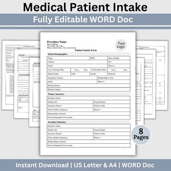 Medical Intake Form: New Patient Health History (WORD Doc, Digital Download)
