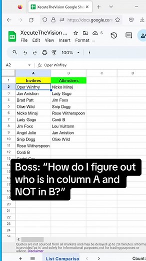 Spot the differences between lists in who is on the original list but NOT on the new list in Google Sheets. Compare column A and B with conditional formatting and isna custom formula in Gsheets. #googlesheets #googlesheetstips #spreadsheet #spreadsheets #bossmoves #star #employee #googlesheet #xecutethevision