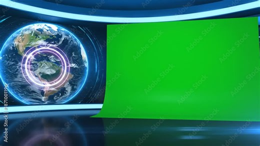Dynamic News Broadcast Studio Virtual Set with Global Earth Display and Customizable Green Screen for Professional Media Production