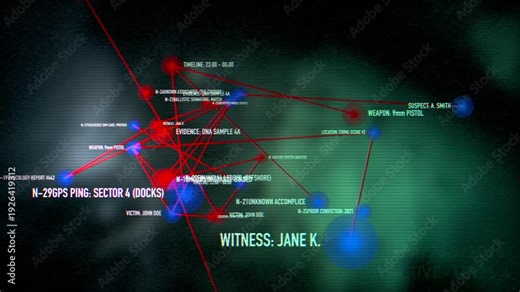 complex digital investigation map featuring red connection links between evidence points and suspect data. Perfect for true crime documentaries and police procedural themes.