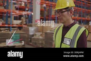Warehouse worker surveying racks with data driving bar and line graphs expanding for stock analysis. Industrial, logistics, analytics, efficiency, technology, organizational, enterprise Stock Video Footage - Alamy