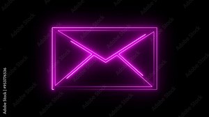 purple color neon mail envelope icon animated on black background. glowing neon Mail envelope, incoming mail, Sending mail icon animation