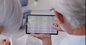Senior mature couple rear calculating bills to pay on computer screen, checking online finances, family managing, planning budget, expenses, grey haired man and woman accounting banking at home