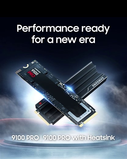 Avec les #9100PRO et #9100PRO with Heatsink de #SamsungSSD, découvre des performances prêtes pour une nouvelle ère. ⚡️ Grâce à la prise en charge de la norme PCIe® 5.0, ces deux SSD internes ultramodernes offrent des vitesses de lecture/écriture séquentielles époustouflantes de 14 800/13 400 Mo/s, jusqu'à 99% plus rapides que la génération précédente. 🧊 Disponibles avec des capacités allant jusqu'à 4 To*, les 9100 PRO et 9100 PRO avec dissipateur thermique offrent également une efficacité énerg