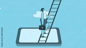 Woman with Briefcase Climb Up the Ladder Stairs from Smartphone. Flat Design Cartoon Character Isolated Loop 2d Animation with Alpha Channel