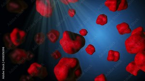 human cells, high definition microbiology, viruses under microscope isolated on black, scientific background full hd and 4k. Epic red blood cells over dark background.