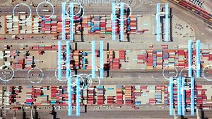 Port Container yard concept, based on real footage with Truck and Crane tracking overlay. Stock Video