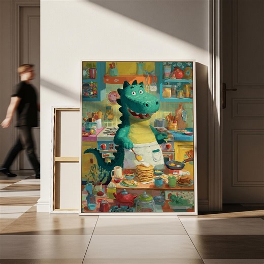 Cute Dinosaur Kitchen Canvas Wall Art, Whimsical Pancake Chef Illustration Print, Colorful Cartoon Cooking Decor, Fun Kids Room Wall Accent - Etsy