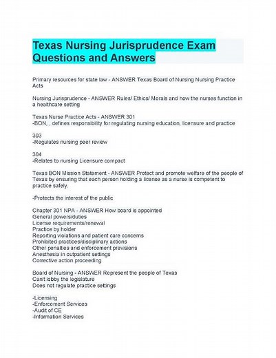 Texas Nursing Jurisprudence Exam Questions and Answers 2023/2024. GUARANTEED PASS