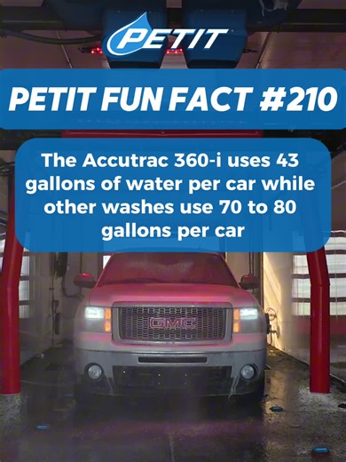 Petit Fun Fact #210🚗 The Accutrac 360-i uses 43 gallons of water per car while other washes use 70-80 gallons per car #PetitAutoWash #TouchlessCarWash #WashSmarter | Petit Auto Wash Equipment
