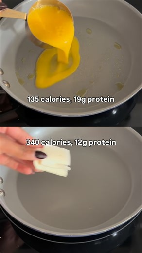 Danae Elise | Online Fitness Coach on Instagram: "The easiest way to cut calories without cutting your favorite foods 👇🏾🍳 You don’t need to eat less — sometimes you just need to cook smarter. ➡️ 2 whole eggs cooked in 2 Tbsp butter 340 calories | 12g protein ➡️ 1 whole egg + ½ cup egg beaters cooked with olive oil spray 135 calories | 19g protein That’s over 200 calories saved from ONE simple swap 👀💪🏾 and more protein to keep you fuller. Most people don’t realize how fast calories add up f