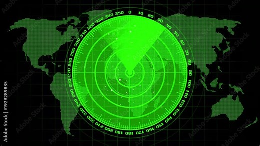 Futuristic Digital Radar Scanning Animation on Black Background. radar screen overlaying a pix elated world map, showing a rotating detection sweep for global communication and tracking.
