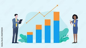 Graph showing development. Employees stand next to the chart. The graph gradually animates. The characters take notes in a notebook and analyze data on a tablet. Animation in flat style.