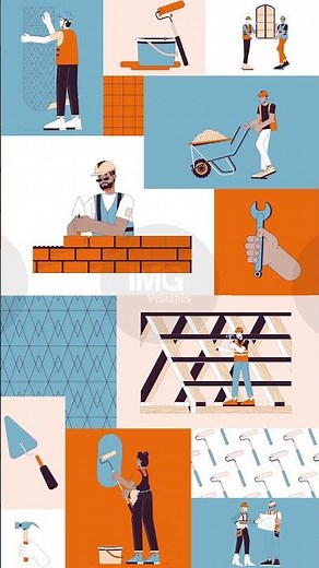 Building site activities and tools bento grid vertical animation