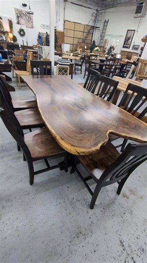 Another featured item of the day 😁. Get ready to be inspired by an absolutely stunning, live edge, black walnut table and matching chairs. 7 ft long and 8 chairs. Come and experience it in person at 732 S. Charles G Seivers Blvd, Clinton TN 377716. M-Sat 10-5 and it's 25% off thru Saturday! #liveedge #WalnutFurniture #blackwalnut #walnuttable #customfurniture #furnituredesign #furnituremaker #LiveEdgeTable | Farmhouse Furniture