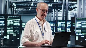 Adept repairman expertly managing data while navigating in industrial server room. Skillful employee ensuring optimal cybersecurity protection, optimizing systems and performing necessary updates