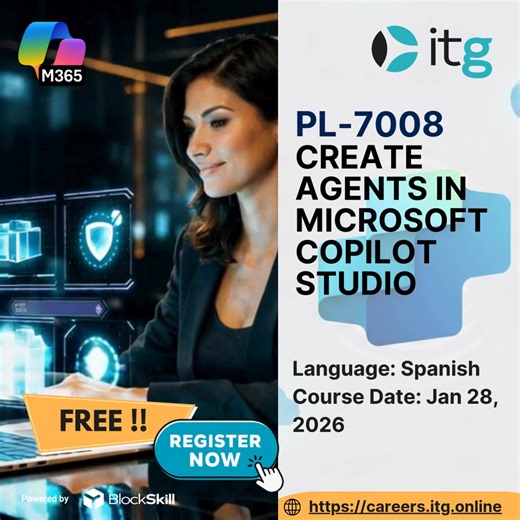 This January, turn “AI curiosity” into a real skill: learn how to create agents in Microsoft Copilot Studio (PL-7008) and start building smarter workflows that support your day-to-day work. 🤖⚡🧩 🔗 Register now: https://goo.su/zw1GhQy 🤖FREE course 🗓️ Date: Jan 28, 2026 Language: Spanish 🇪🇸 #CopilotStudio #MicrosoftCopilot #AIatWork #Automation #Productivity #TechSkills #FreeCourse #ITG #Blockskill #M365 | ITG